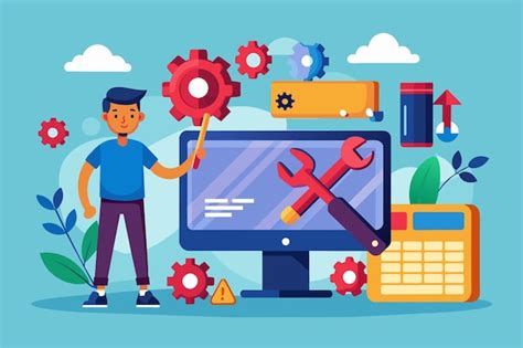A Person Is Using Tools To Fix Computer Errors In A Colorful Workspace Filled With Illustrations