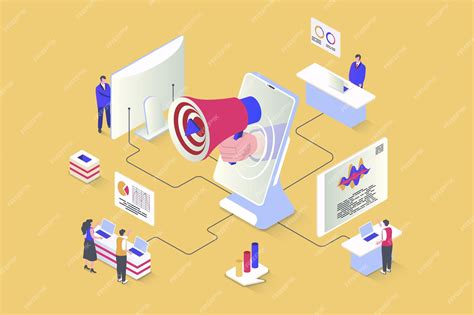3d 아이소메트릭 디자인의 디지털 마케팅 개념 웹 그래픽을 위한 아이소메트리 사람 장면이 있는 잠재고객 벡터 그림 프리미엄 벡터