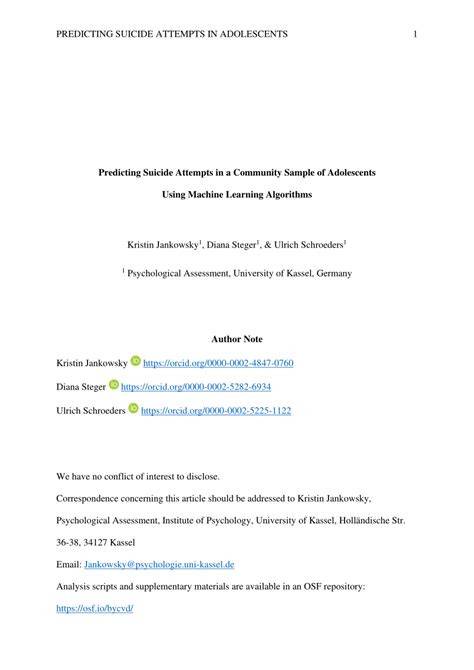 Pdf Predicting Suicide Attempts In A Community Sample Of Adolescents Using Machine Learning