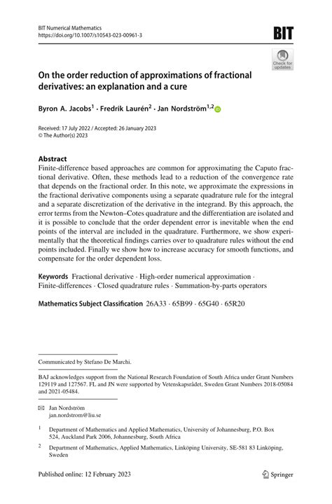 Pdf On The Order Reduction Of Approximations Of Fractional Derivatives An Explanation And A Cure