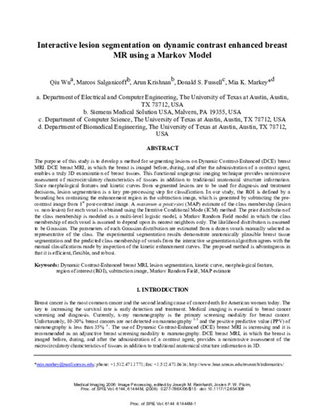 Pdf Interactive Lesion Segmentation On Dynamic Contrast Enhanced Breast Mri Using A Markov Model