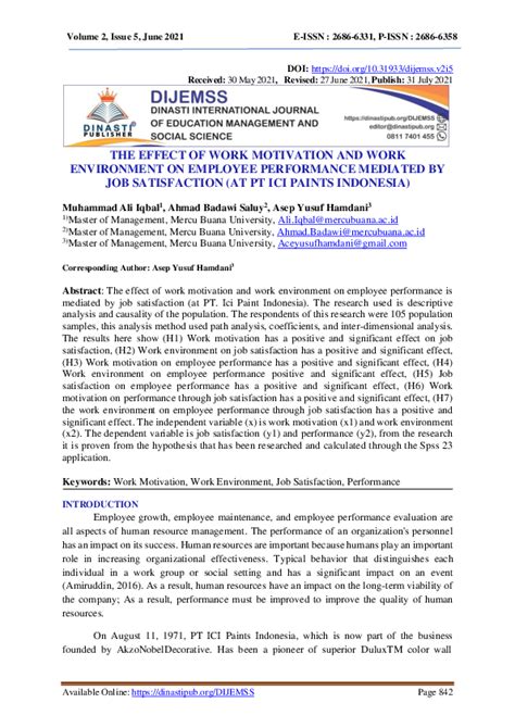 Pdf The Effect Of Work Motivation And Work Environment On Employee Performance Mediated By Job