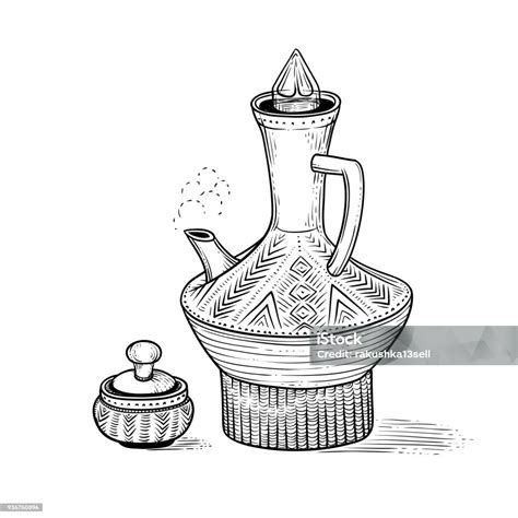 뜨거운 음료와 같아서 요 도자기 민속 컵 에티오피아 빈티지 화덕 국립 커피의 도자기 벡터 스케치 그리기 조각 스타일입니다 커피