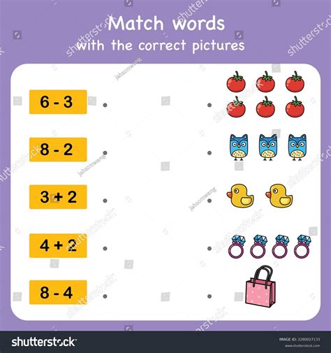 Adding Subtract Match Pictures Educational Worksheet Stock Vector Royalty Free 2280027133