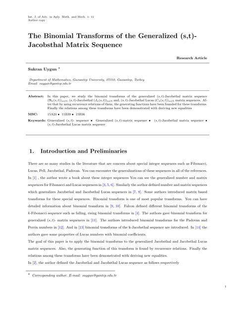 PDF The Binomial Transforms Of The Generalized S T Jacobsthal Matrix Sequence