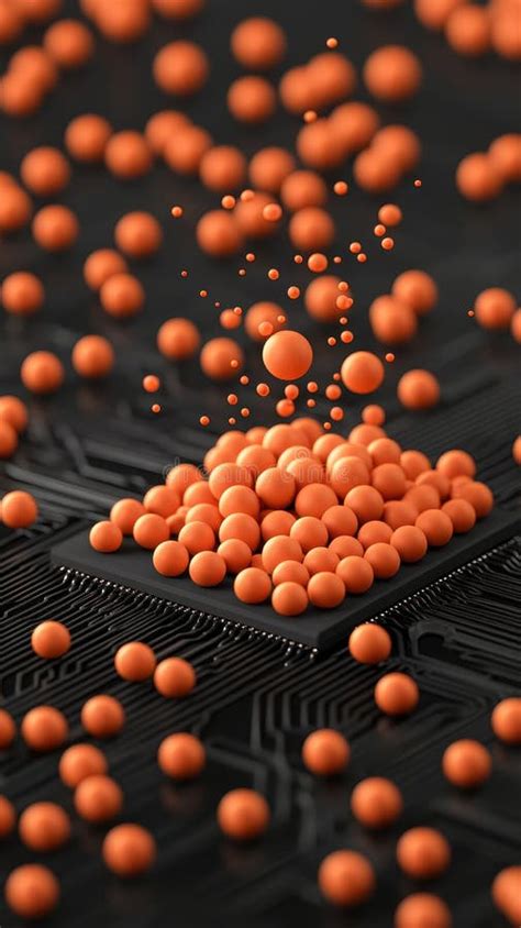Orange Spheres Gather On A Dark Circuit Board Small Dots Float Above Connected Neural Networks