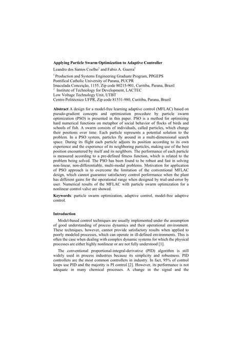 Pdf Applying Particle Swarm Optimization To Adaptive Controller