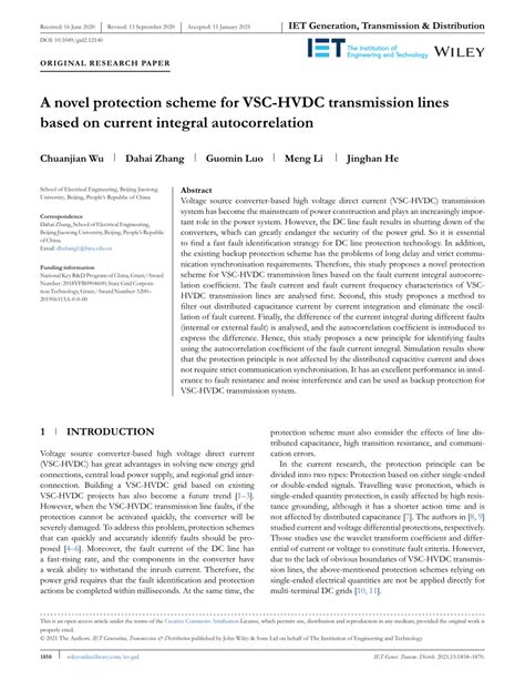 Pdf A Novel Protection Scheme For Vsc‐hvdc Transmission Lines Based On Current Integral