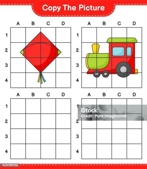 그림을 복사하고 격자선을 사용하여 연과 기차의 그림을 복사하십시오 교육 어린이 게임 인쇄 가능한 워크 시트 벡터 일러스트 레이