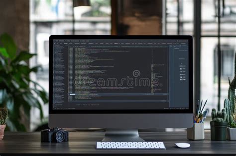 Desktop Computer Displaying Code In A Bright Workspace Filled With