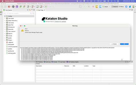 error reason cannot open manage plugins page bugs report katalon