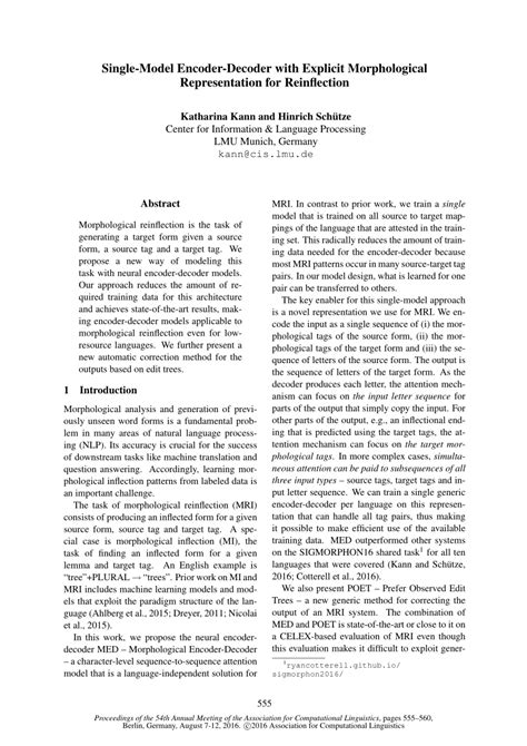 Pdf Single Model Encoder Decoder With Explicit Morphological Representation For Reinflection