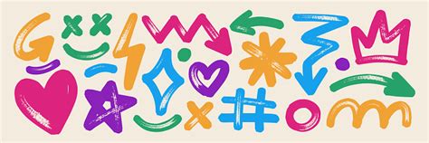 브러시 마커 또는 크레용 질감이 있는 손으로 그린 요소 집합입니다 그런지 화살표 번개 별 및 왕관이 디자인됩니다 복고풍 벡터 그림입니다 거리에 대한 스톡 벡터 아트 및 기타