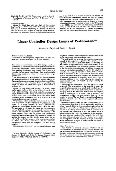 Pdf Linear Controller Design Limits Of Performance