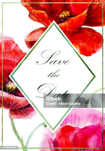 인사말 카드입니다 손으로 그린 수채화 그림 양 귀 비 꽃 가까이 최대 능형 프레임에 텍스트 레이블 배경 초대장 결혼식 공휴일에