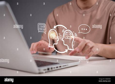 Human And Ai Interaction In Modern Technology A Person Using A Laptop With Virtual Assistant