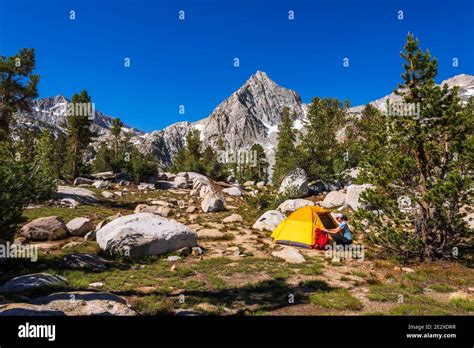 Backpacker And Tent Under The Sierra Crest John Muir Wilderness