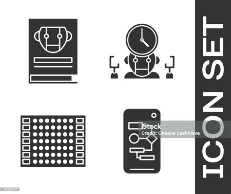 알고리즘 사용 설명서 인쇄 회로 기판 Pcb 및 로봇 및 디지털 시간 관리자 아이콘을 설정합니다 벡터 가공의 인물에 대한 스톡