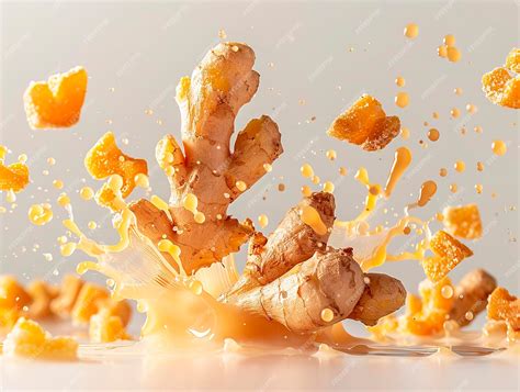 Photography Of Ginger Falling From The Sky Hyperpop Colour Scheme Glossy White Background Flying