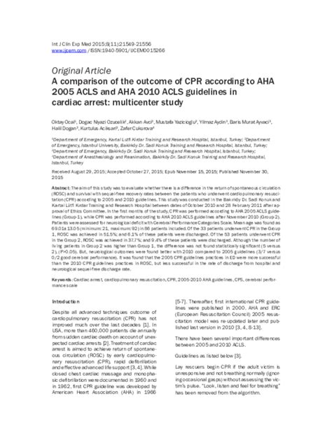 Pdf A Comparison Of The Outcome Of Cpr According To Aha 2005 Acls And Aha 2010 Acls Guidelines