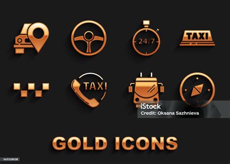 택시 통화 전화 서비스 자동차 지붕 나침반 트롤리 버스 스톱워치 24 시간 택시와 스티어링 휠 아이콘이있는지도 포인터를