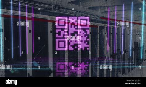 Digital Composite Of Pink Glowing Qr Code With Multicolored Lines Against Server Room Stock