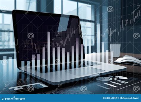 Laptop With Bar Graphs And Line Charts Data Analysis In Modern Workspace Stock Illustration