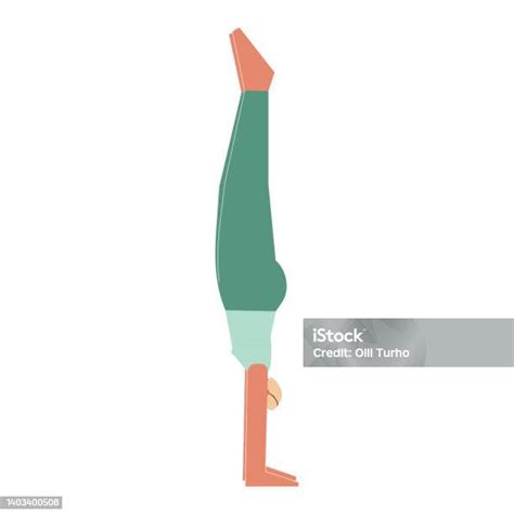 평평한 여성 캐릭터를 가진 벡터 격리 된 그림 스포티한 여성은 요가 수업에서 균형 자세 Adho Mukha Vrksasana를