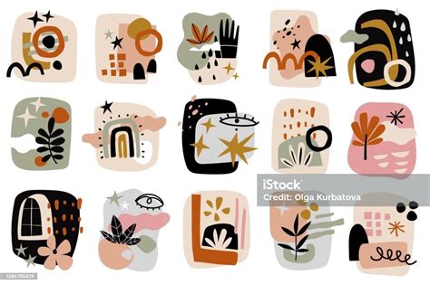 현대 모양 그래픽 콜라주 현대 낙서 추상적 인 개체 Blob 모양 트렌디 한 기하학적 형태 잎과 꽃 창조적 인 손으로 그린 낙서