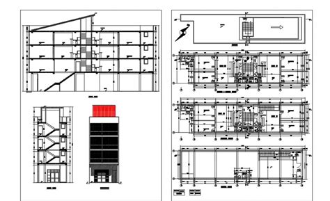 Elevation Plan And Sectional Detail Of Building Structure 2d View Autocad File