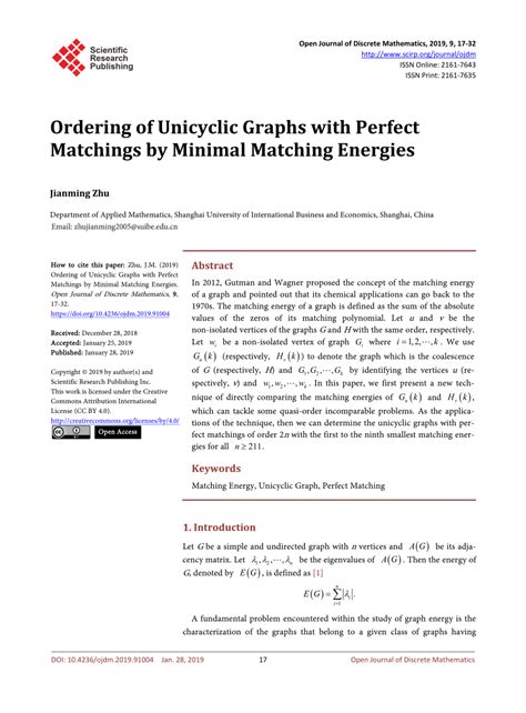 Pdf Ordering Of Unicyclic Graphs With Perfect Matchings By Minimal