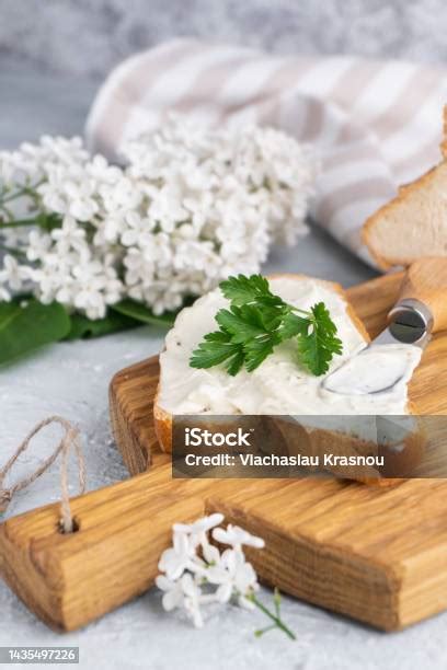 허브와 조미료가 들어간 크림 치즈를 치즈 나이프와 함께 신선한 바삭바삭한 호밀 빵 조각에 곁들인 거품 내기에 대한 스톡 사진 및 기타 이미지 Istock