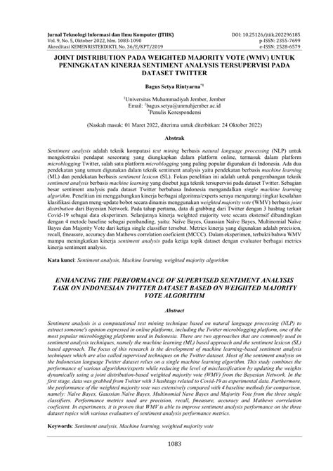Pdf Joint Distribution Pada Weighted Majority Vote Wmv Untuk