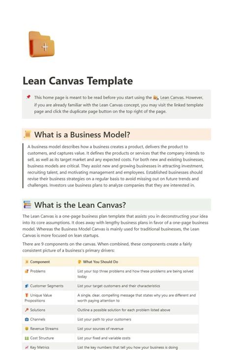 Notion Lean Canvas Startup Business Plan Template Notion Template