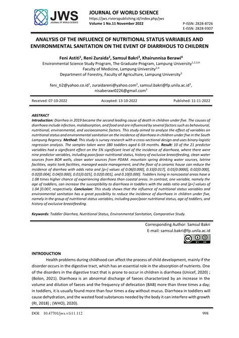 Pdf Analysis Of The Influence Of Nutritional Status Variables And Environmental Sanitation On