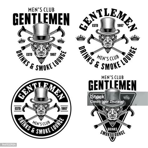흰색 배경에 격리된 빈티지 흑백 스타일의 엠블럼 로고 배지 또는 레이블의 신사 클럽 벡터 세트 담배에 대한 스톡 벡터 아트 및