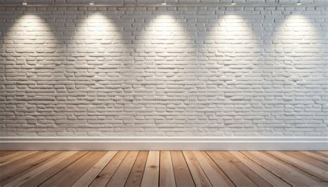 White Brick Wall With Wooden Floor Bright Overhead Lights Illuminate