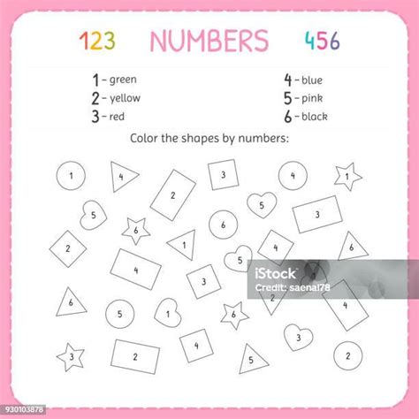 숫자 모양 색상 유치원과 유치원에 대 한 워크시트입니다 작성 하 고 숫자를 계산 하는 훈련 아이 들을 위한 연습 0명에 대한 스톡 벡터 아트 및 기타 이미지 Istock