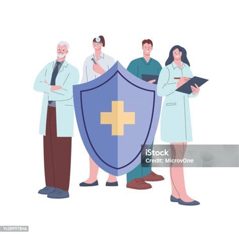 의료진은 의료 방패를 들고 서 있습니다 의학 개념 의사와 간호사 플랫 벡터 문자 젊고 늙은 병원 노동자들 간호사에 대한 스톡