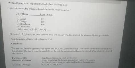 Solved Write A C Program To Implement Bill Calculator For Chegg