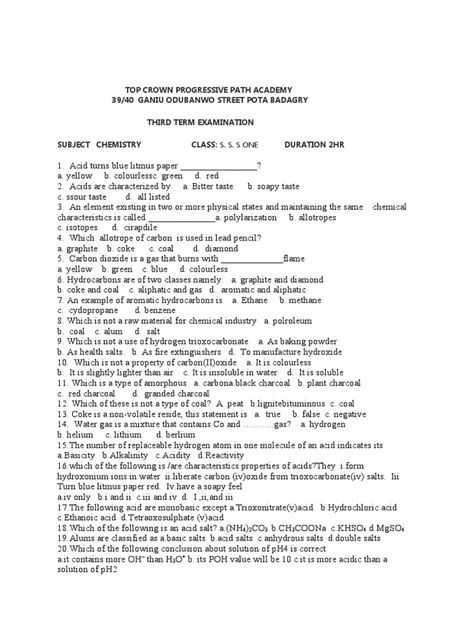 Chemistry Ss1 Third Term Exam Pdf