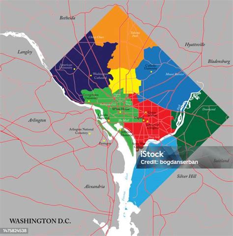 워싱턴 Dc 지도에는 8개 구와 주변 지역이 모두 포함되어 있습니다 워싱턴 Dc에 대한 스톡 벡터 아트 및 기타 이미지 워싱턴 Dc 지도 지역 유형 Istock