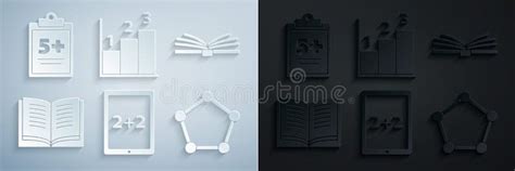 Set Tablet With Calculator Open Book Geometric Figure Pentagonal Prism Graph Schedule Chart