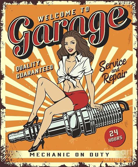 Vintage Garage Pinup Girl Painting By Harrison Brown Fine Art America