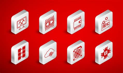 달러 암호 화폐 비트 코인 회로 지갑 지분 증명 Asic 광부 마이닝 모니터 및 곡괭이 클라우드 마이닝 및 농장 아이콘라인 프로세서 칩을 설정합니다 벡터 3차원 형태에 대한