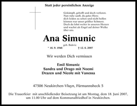Traueranzeigen Von Ana Simunic Trauer In Nrwde
