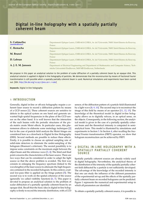 Pdf Digital In Line Holography With A Spatially Partially Coherent Beam