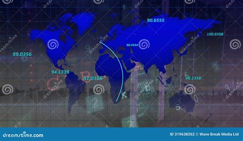 Image Of Cyber Security Data Processing And World Map Over Server Room Against View Of Cityscape