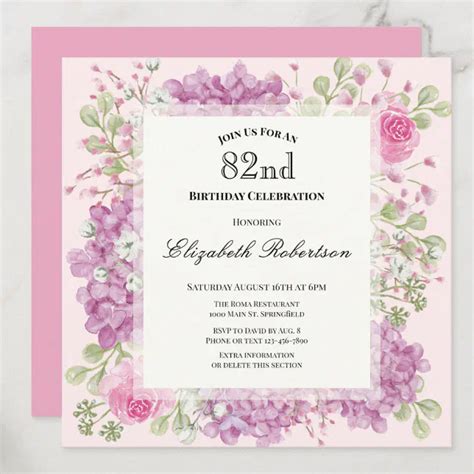 82nd Birthday Invitation Elegant Pink Flowers Zazzle
