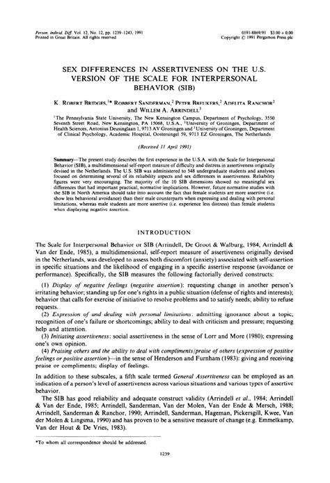 PDF Sex Differences In Assetiveness On The U S Version Of The Scale For Interpersonal